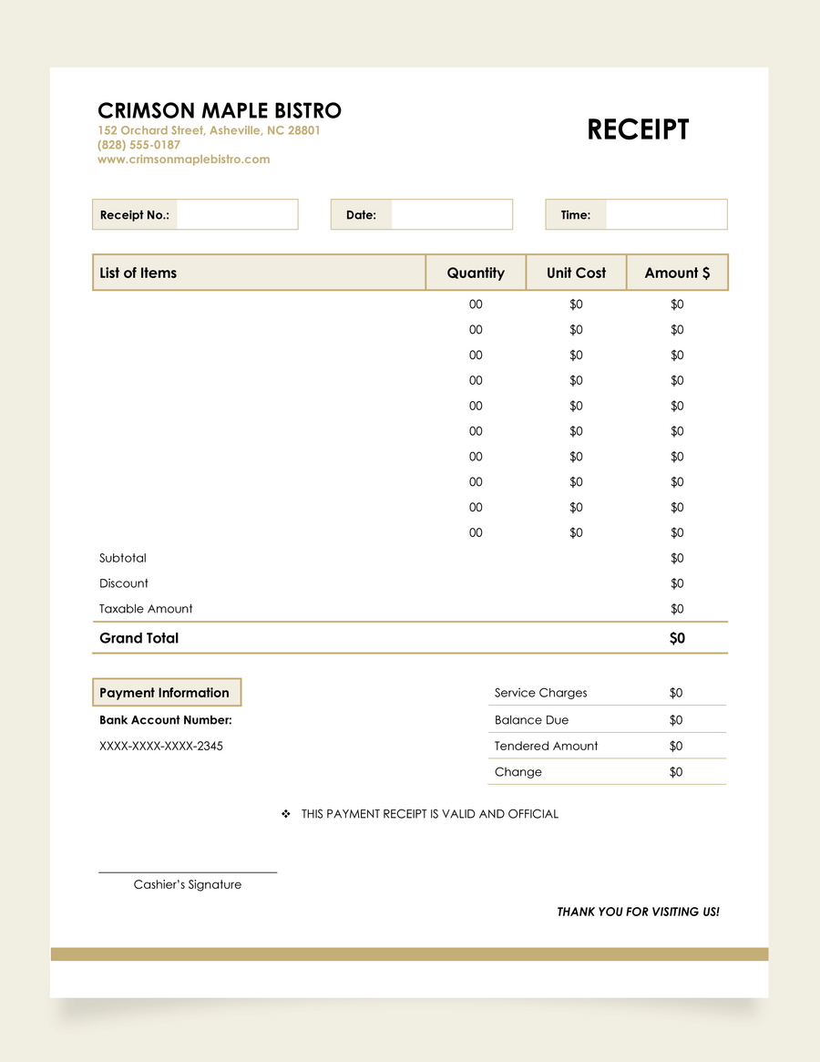 Free Restaurant Receipt Templates (Word, GDocs, PDF) - WordLayouts