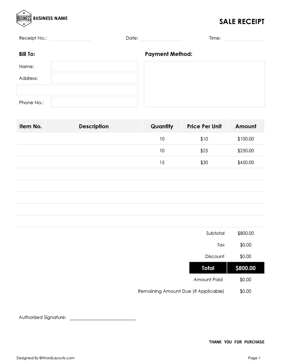 Free Motorcycle Sales Receipt Template - WordLayouts