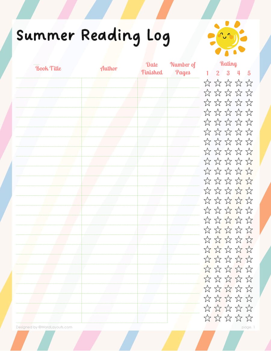 Summer Reading Log Template - WordLayouts
