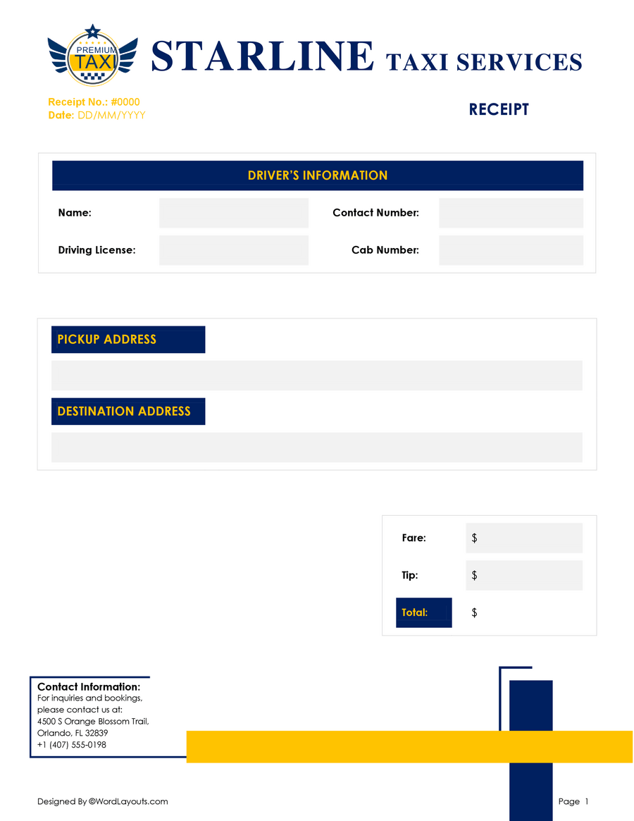 Free Taxi Receipt Templates (Edit & Printable) - WordLayouts