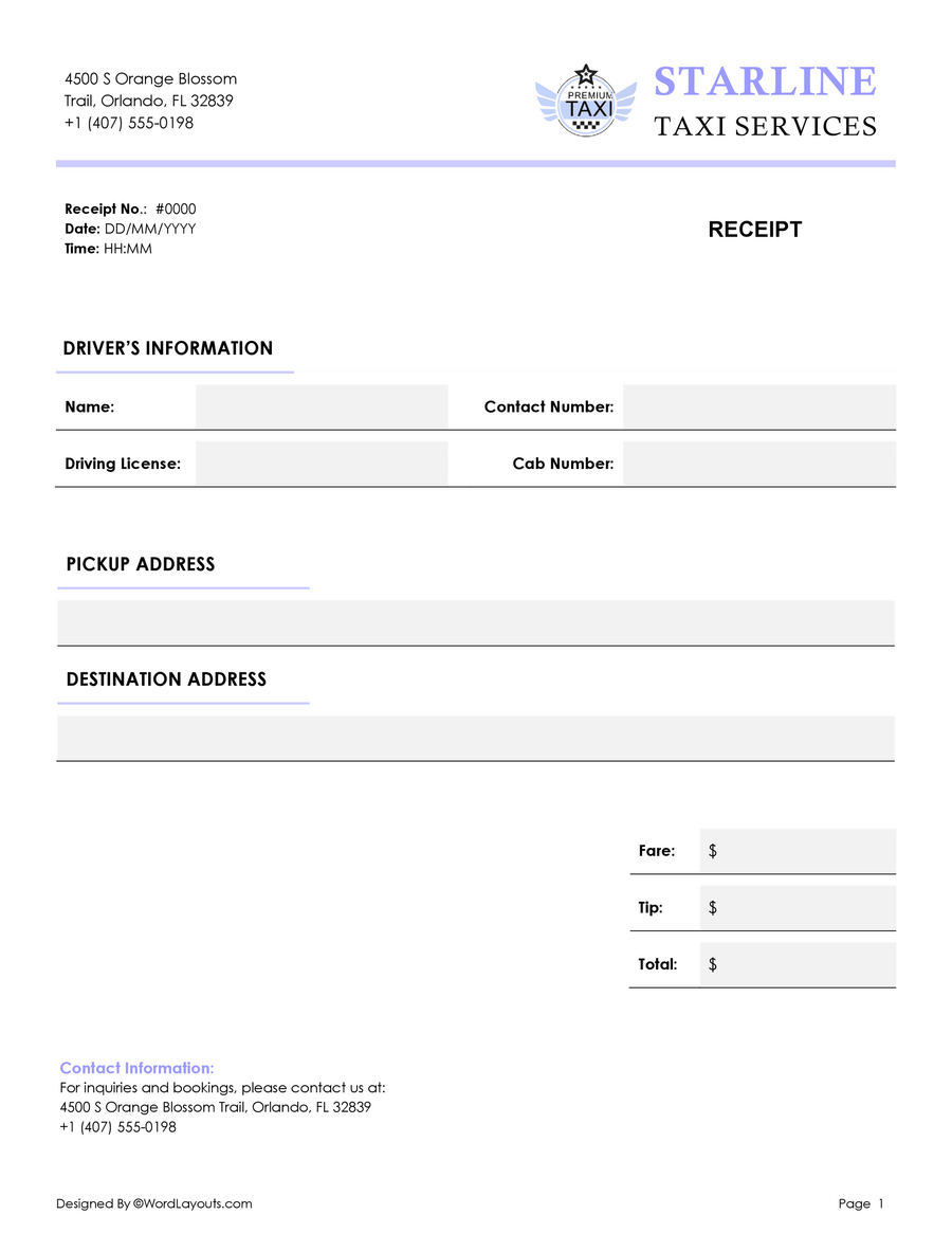 Free Taxi Receipt Templates (Edit & Printable) - WordLayouts