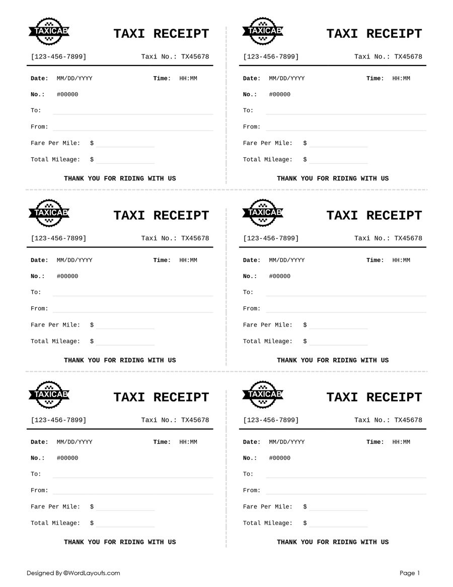 Professional Taxi Receipt Template - WordLayouts