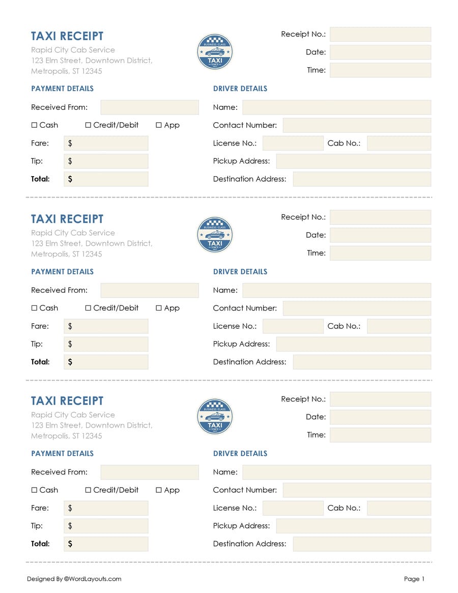 Free Taxi Receipt Templates (Edit & Printable) - WordLayouts