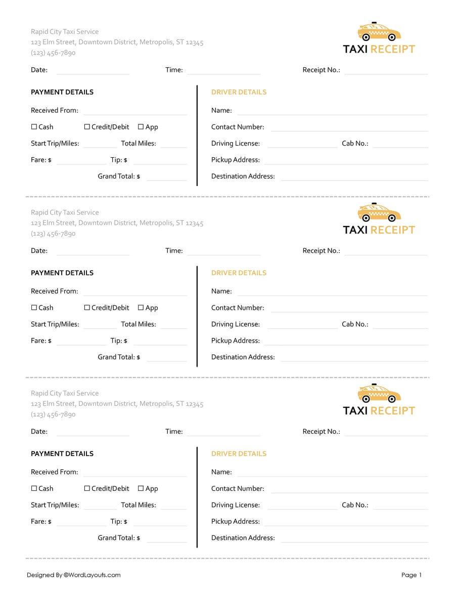 Free Taxi Receipt Templates (Edit & Printable) - WordLayouts