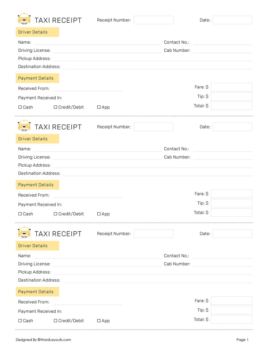 Free Taxi Receipt Templates (Edit & Printable) - WordLayouts