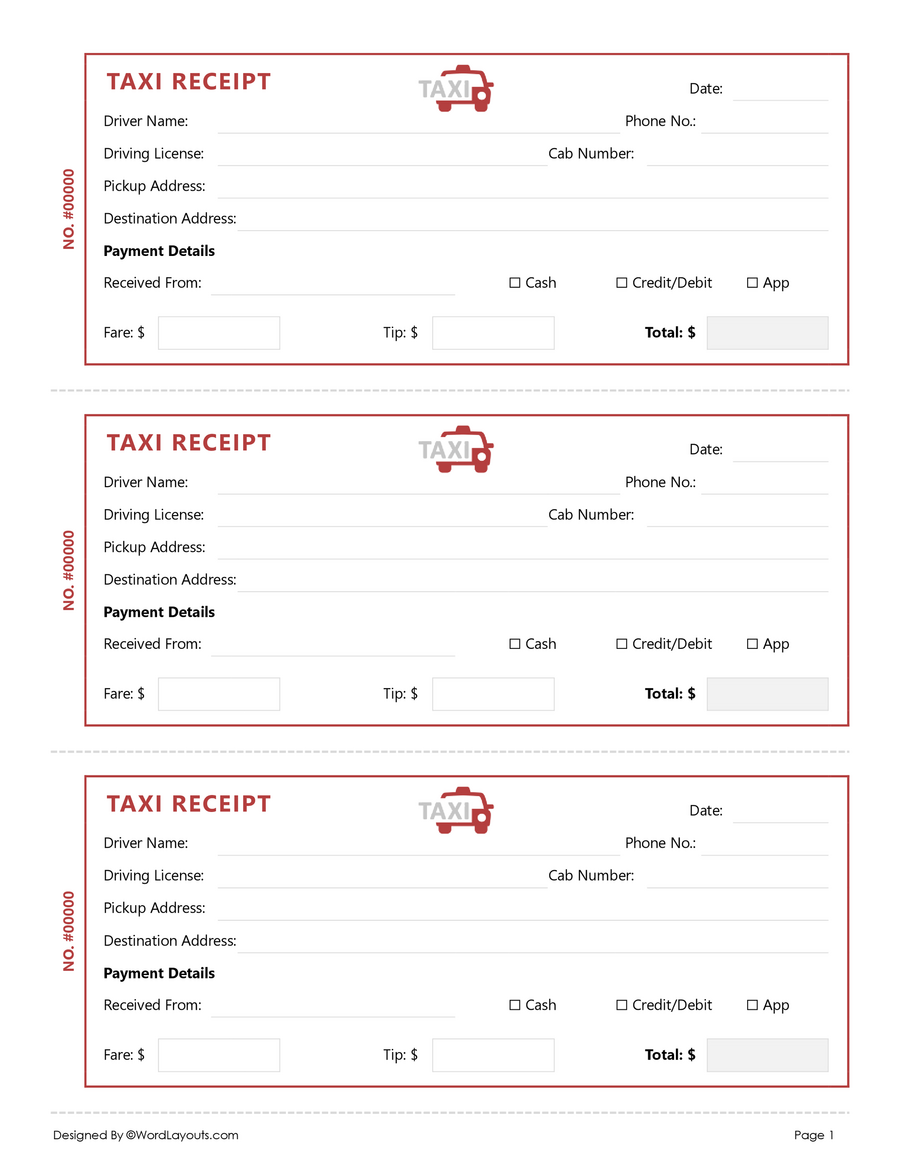 Free Taxi Receipt Templates (Edit & Printable) - WordLayouts