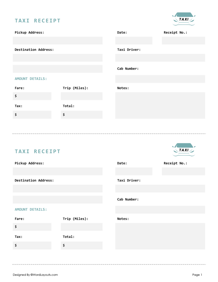 Free Taxi Receipt Templates (Edit & Printable) - WordLayouts