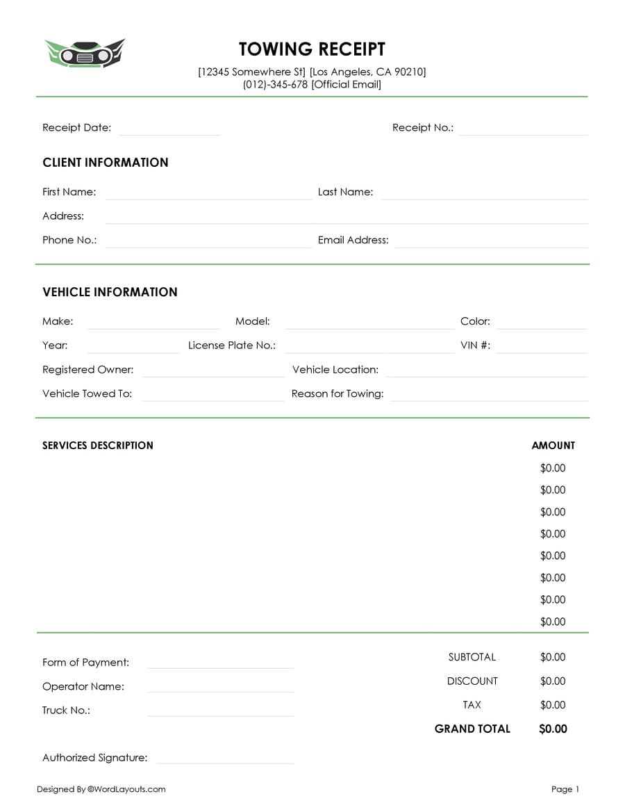 Free Towing Receipt (Roadside Service) Templates - WordLayouts
