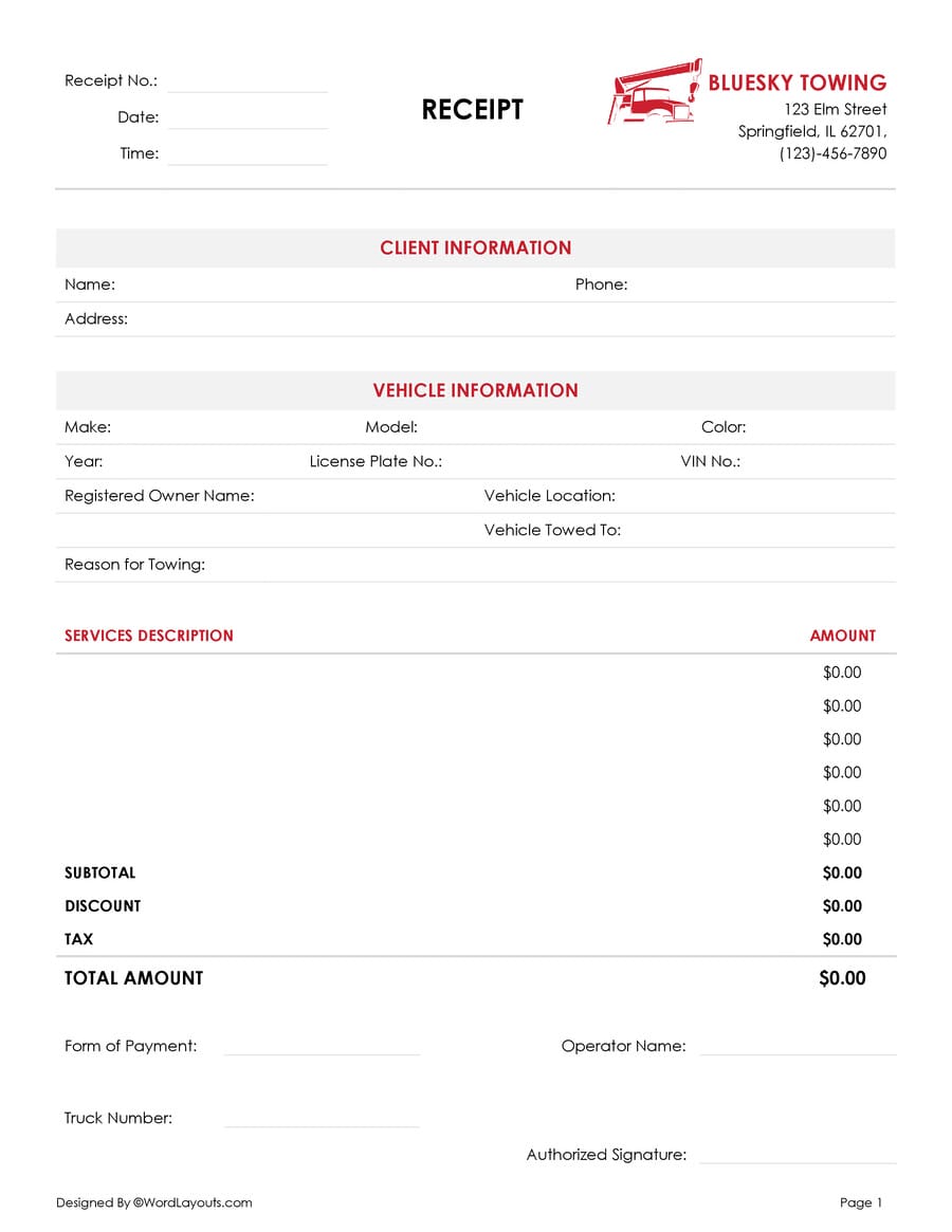 Free Towing Receipt (Roadside Service) Templates - WordLayouts