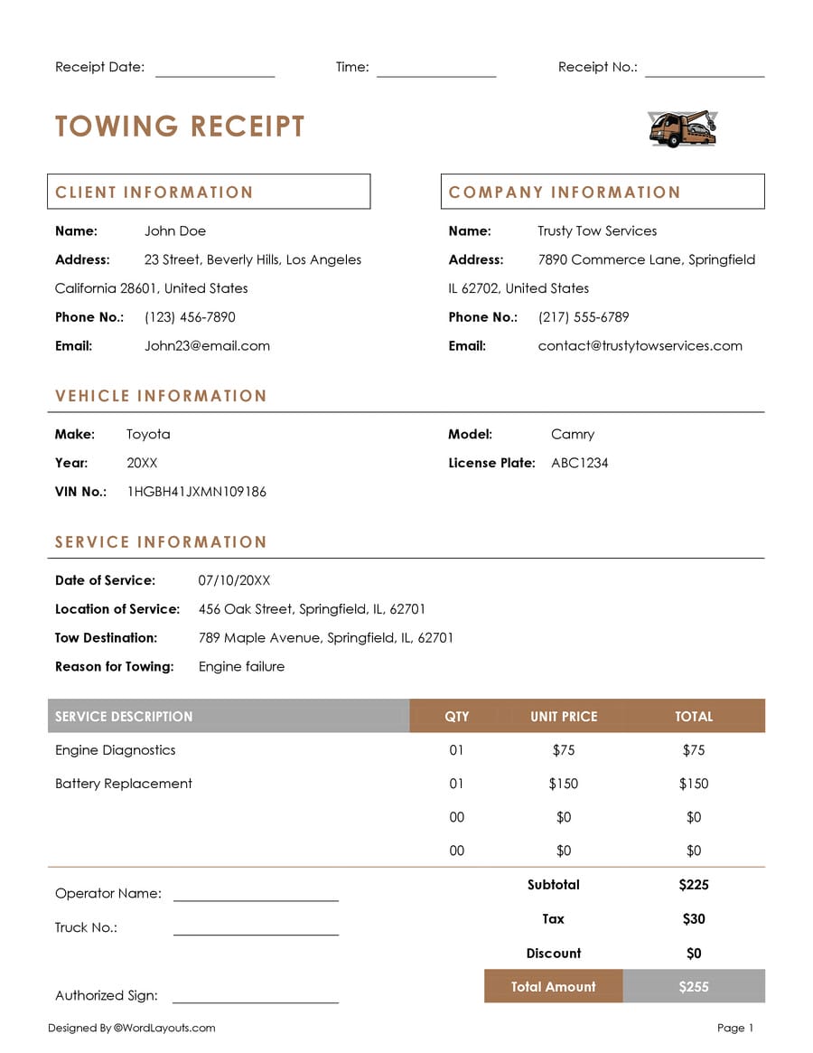 Free Towing Receipt (Roadside Service) Templates