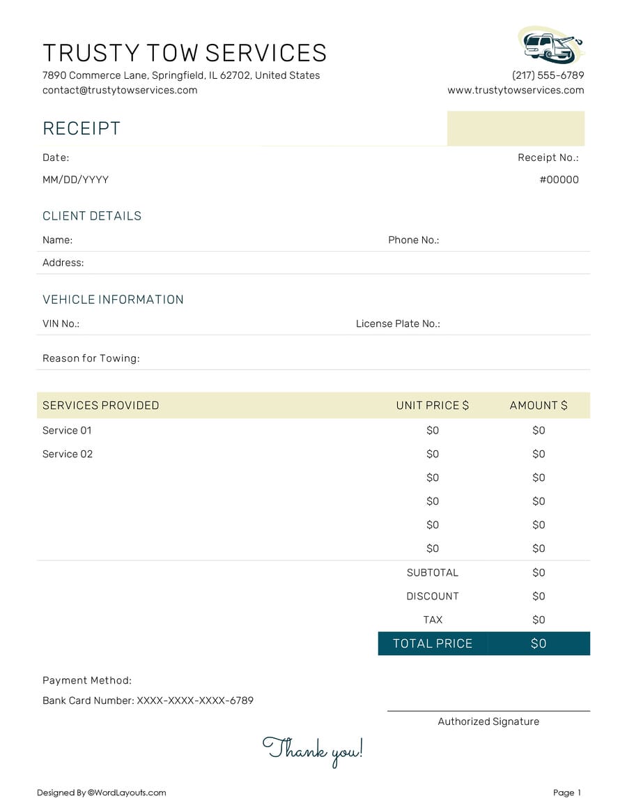 Modern Tow Services Receipt Template - WordLayouts