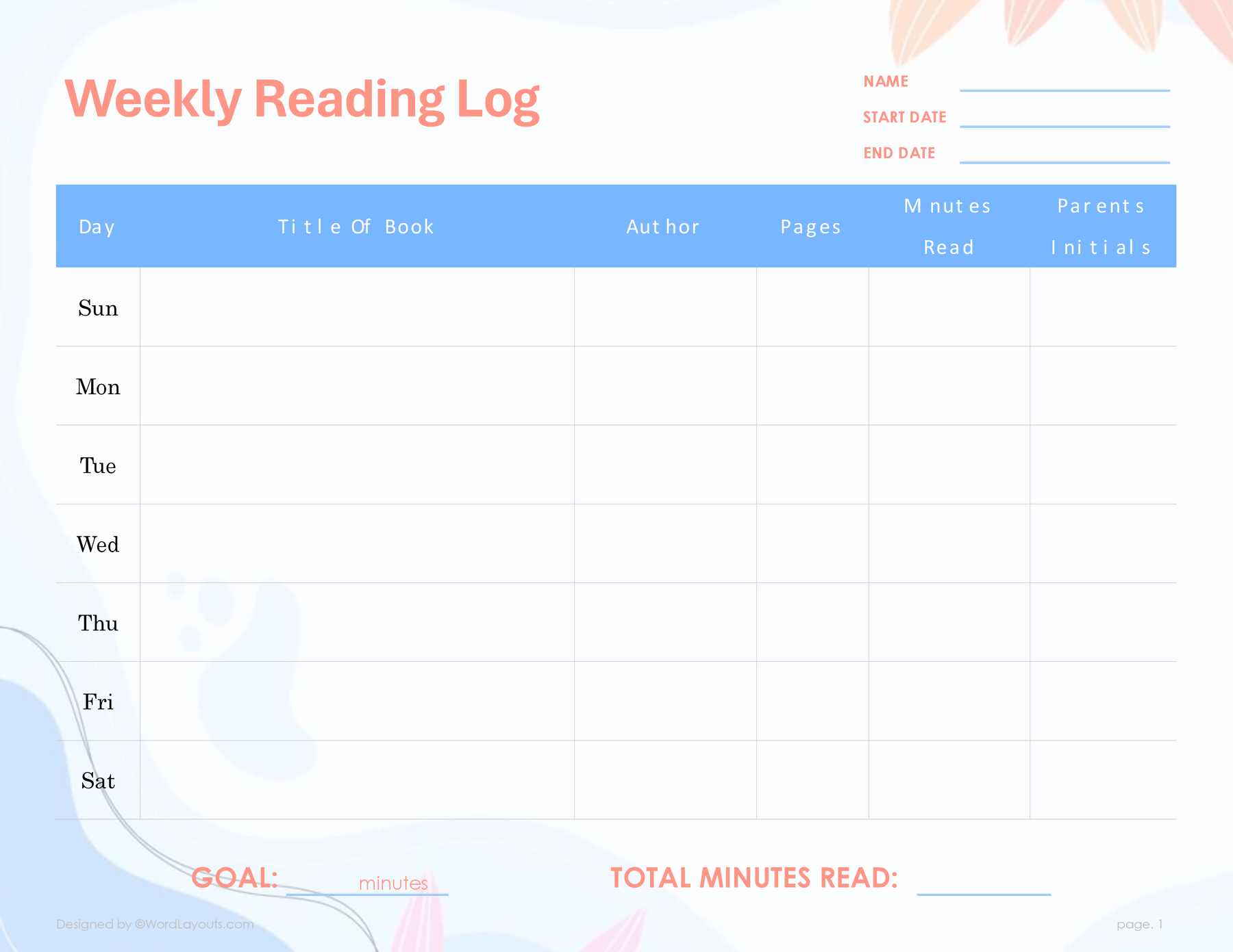 Weekly Reading Log Template - WordLayouts