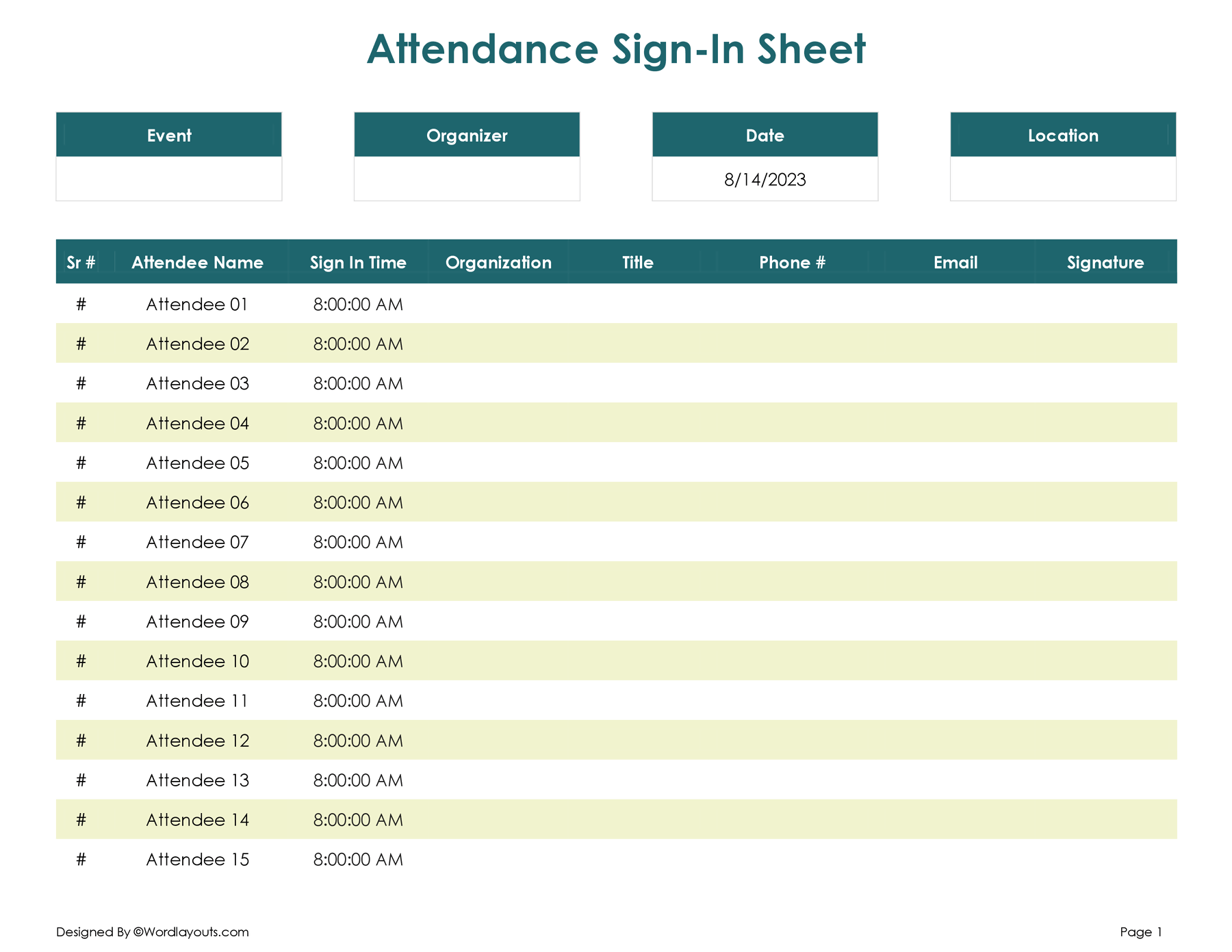 Daily Daycare Attendance Template (Excel) - WordLayouts