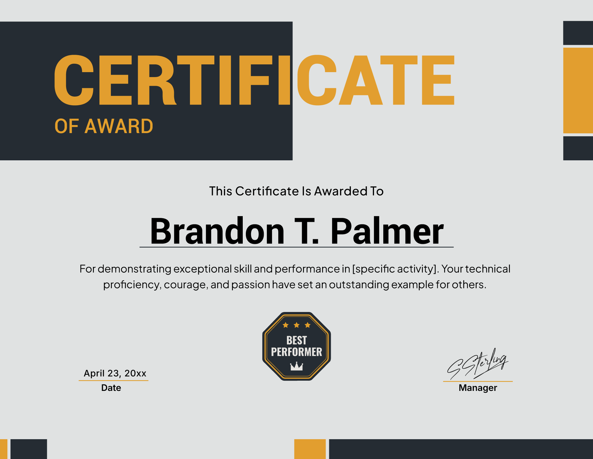 Best Performer Award Template (Landscape) - WordLayouts