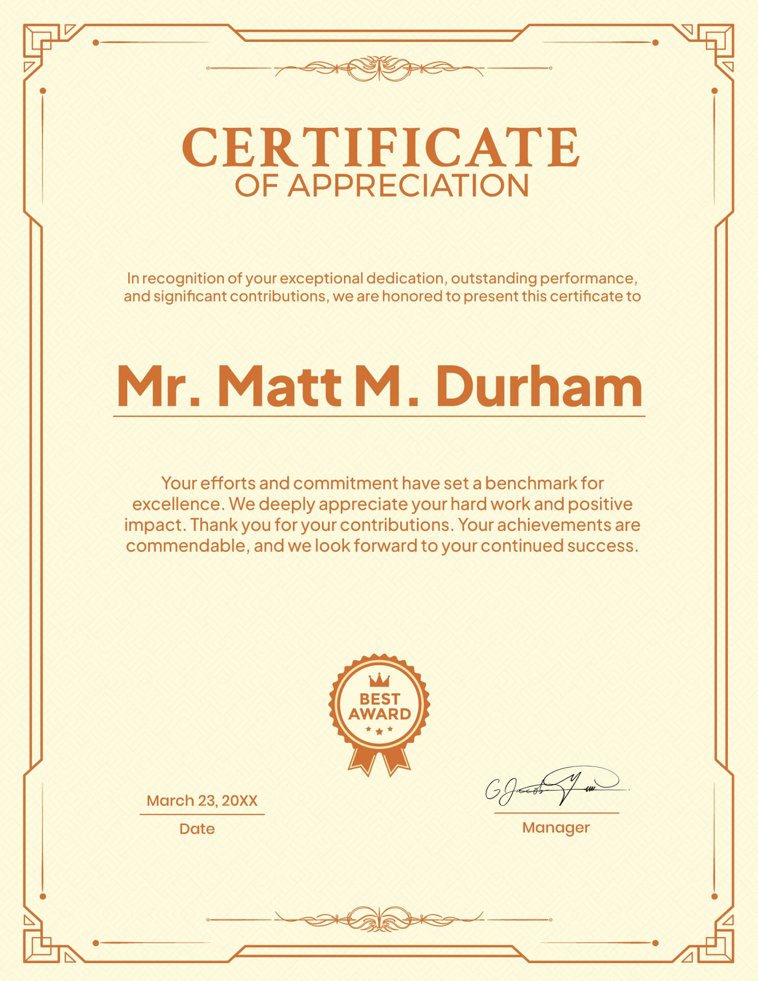 Outstanding Contribution Award Certificate Template (Portrait ...