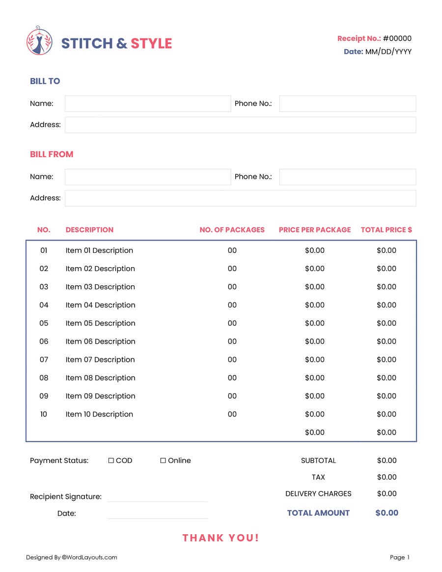Professional Clothing Delivery Receipt Template - WordLayouts