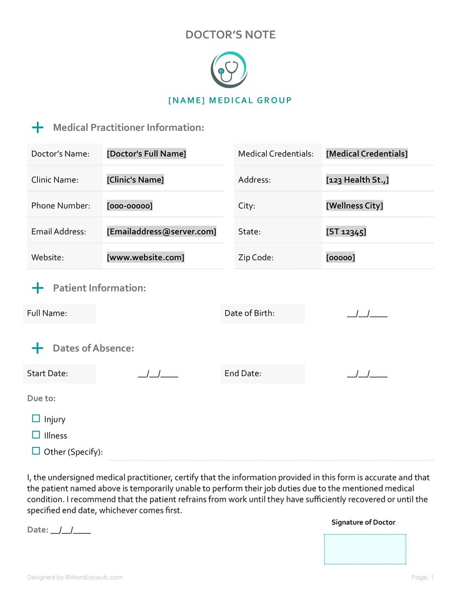 General Doctor’s Note Template to Download - WordLayouts