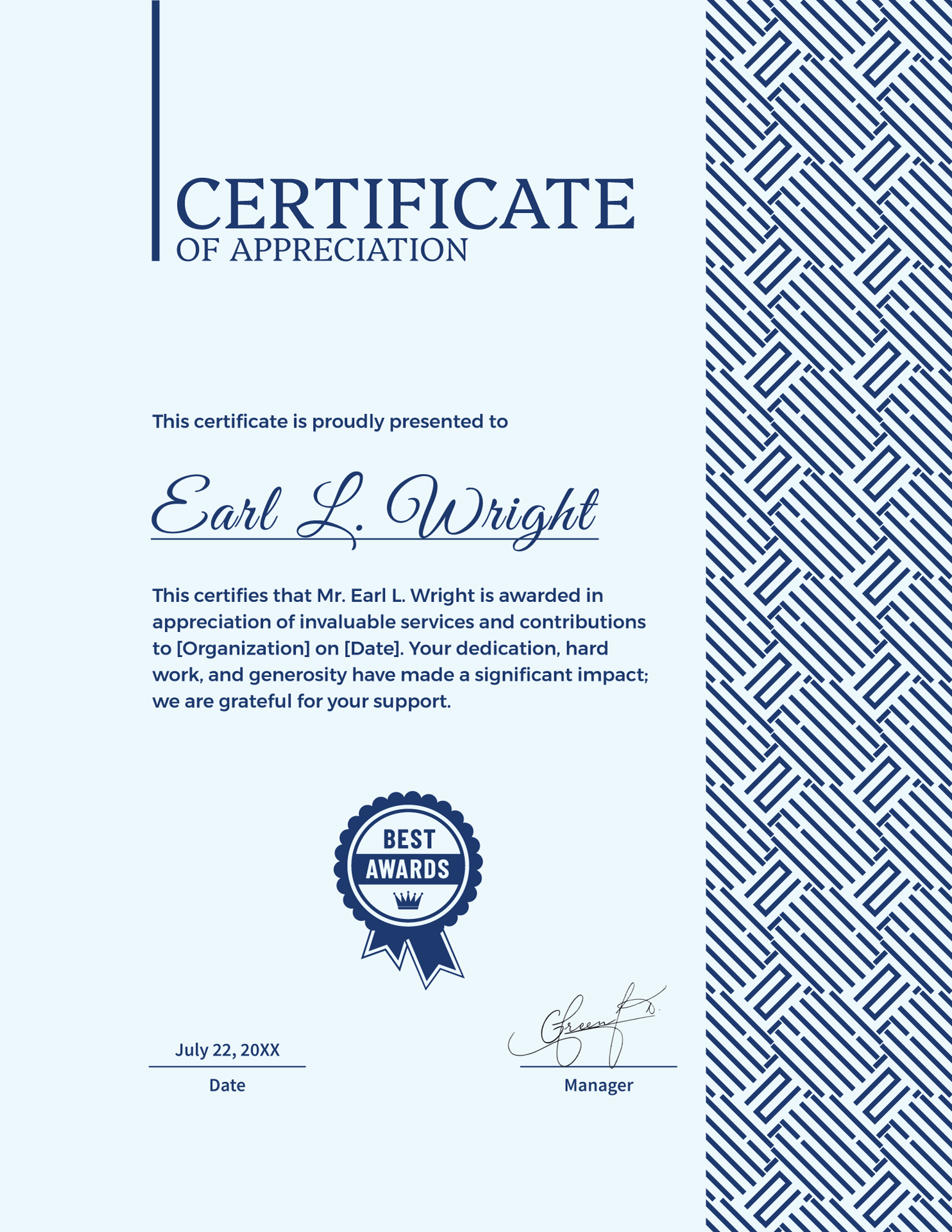 Exemplary Service Award Certificate Template (Landscape) - WordLayouts