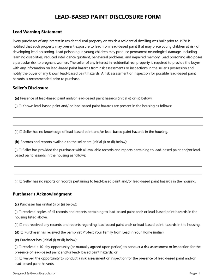 Lead-Based Paint Disclosure Form for Sellers - WordLayouts