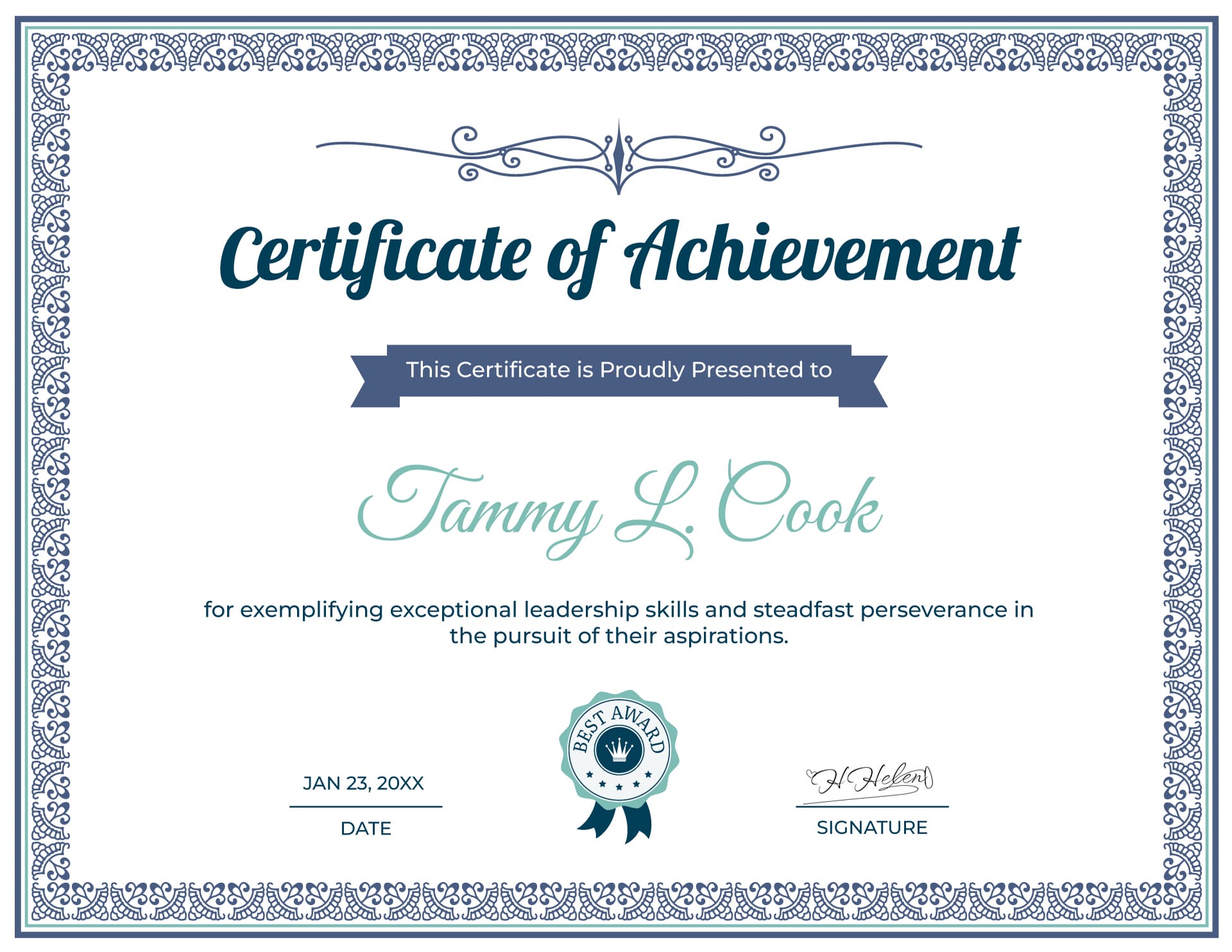Perseverance Leadership Award Certificate Template (Landscape ...