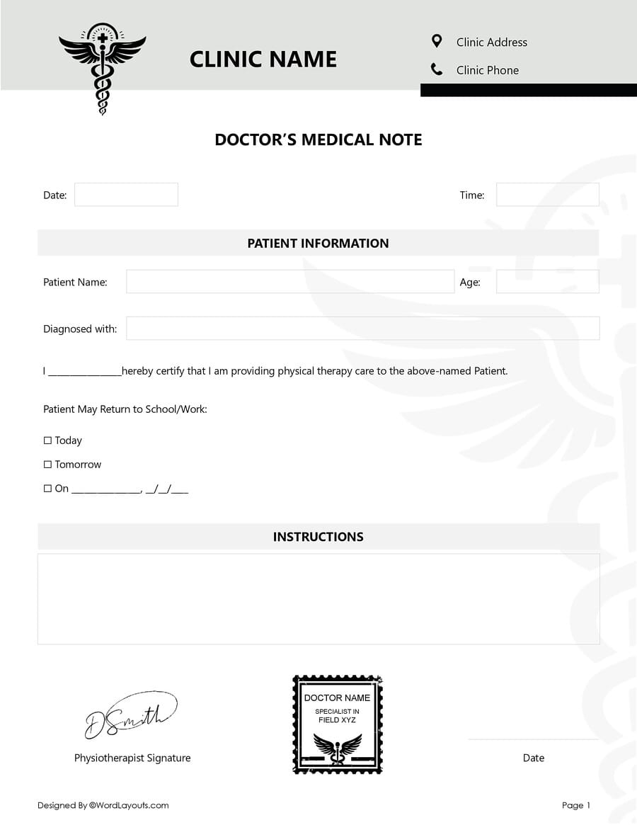 Doctor's Medical Note Template for School - WordLayouts