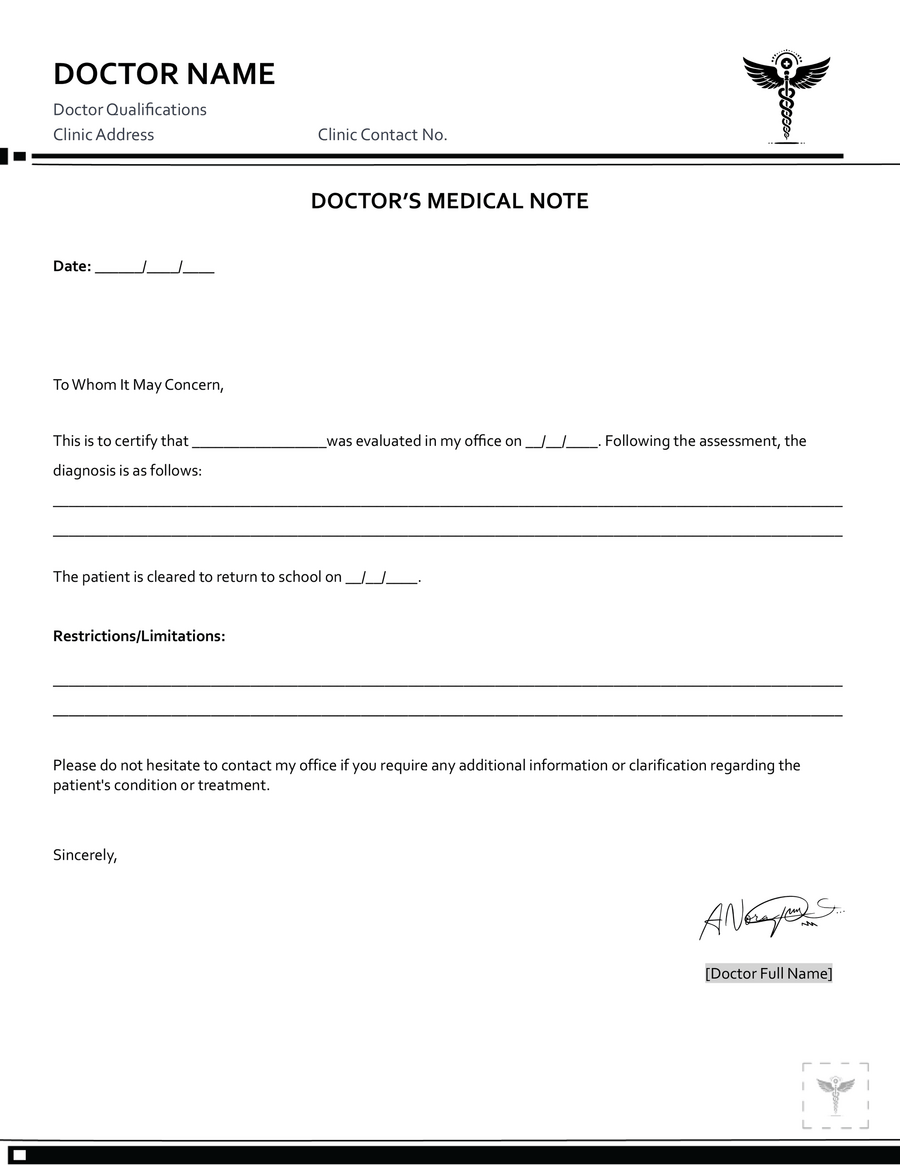 Doctor's Medical Note Template for School - WordLayouts