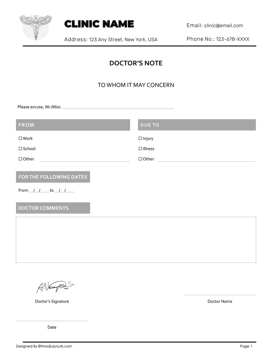 Doctor's Excuse Slip for Work Restrictions - WordLayouts