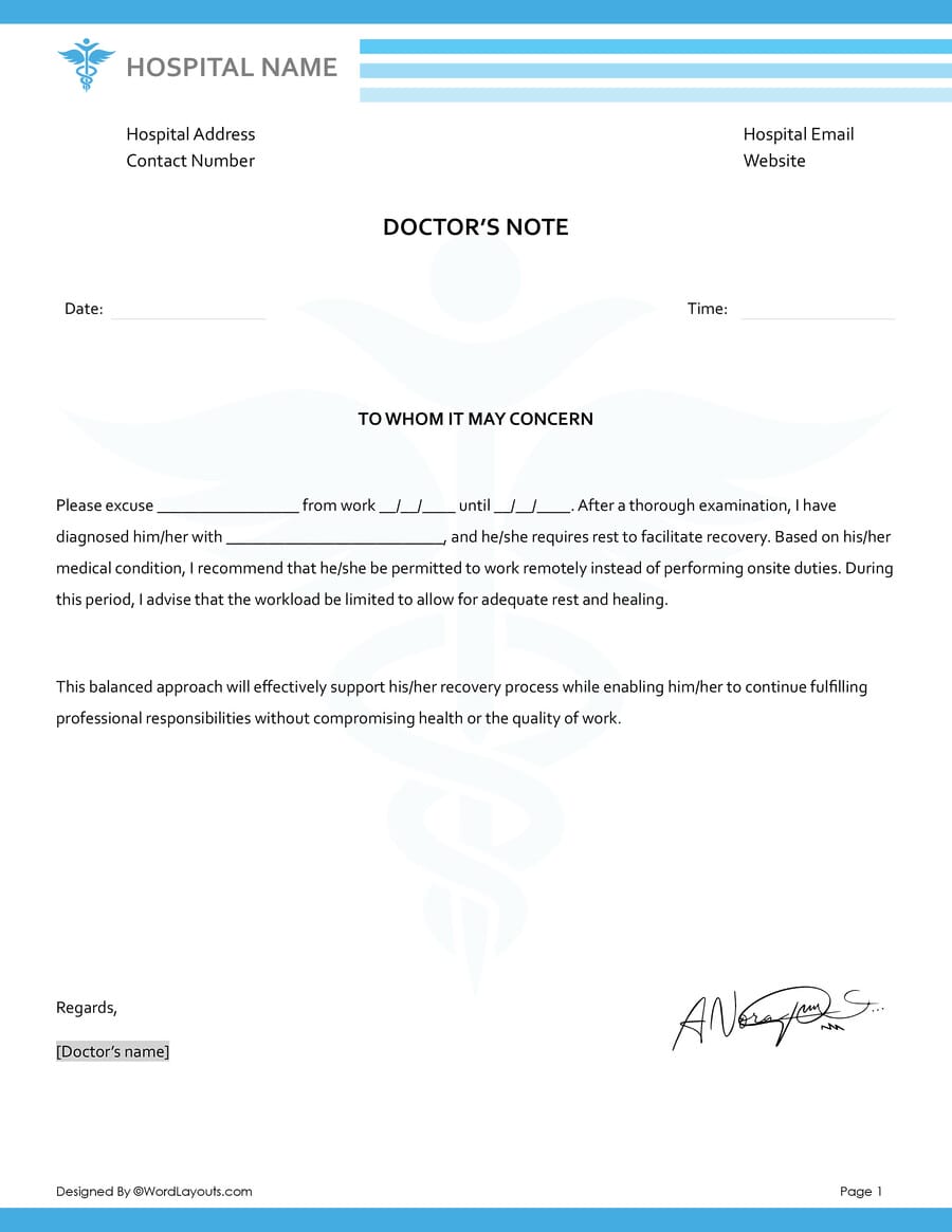 Doctor Note for Work Excuse Template - WordLayouts