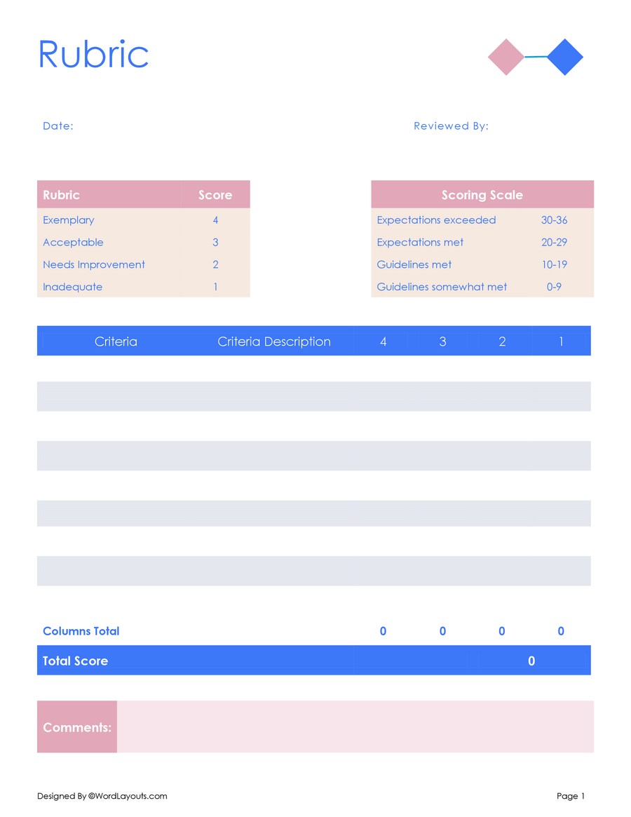 Color-Coded Assessment Rubric Template - WordLayouts