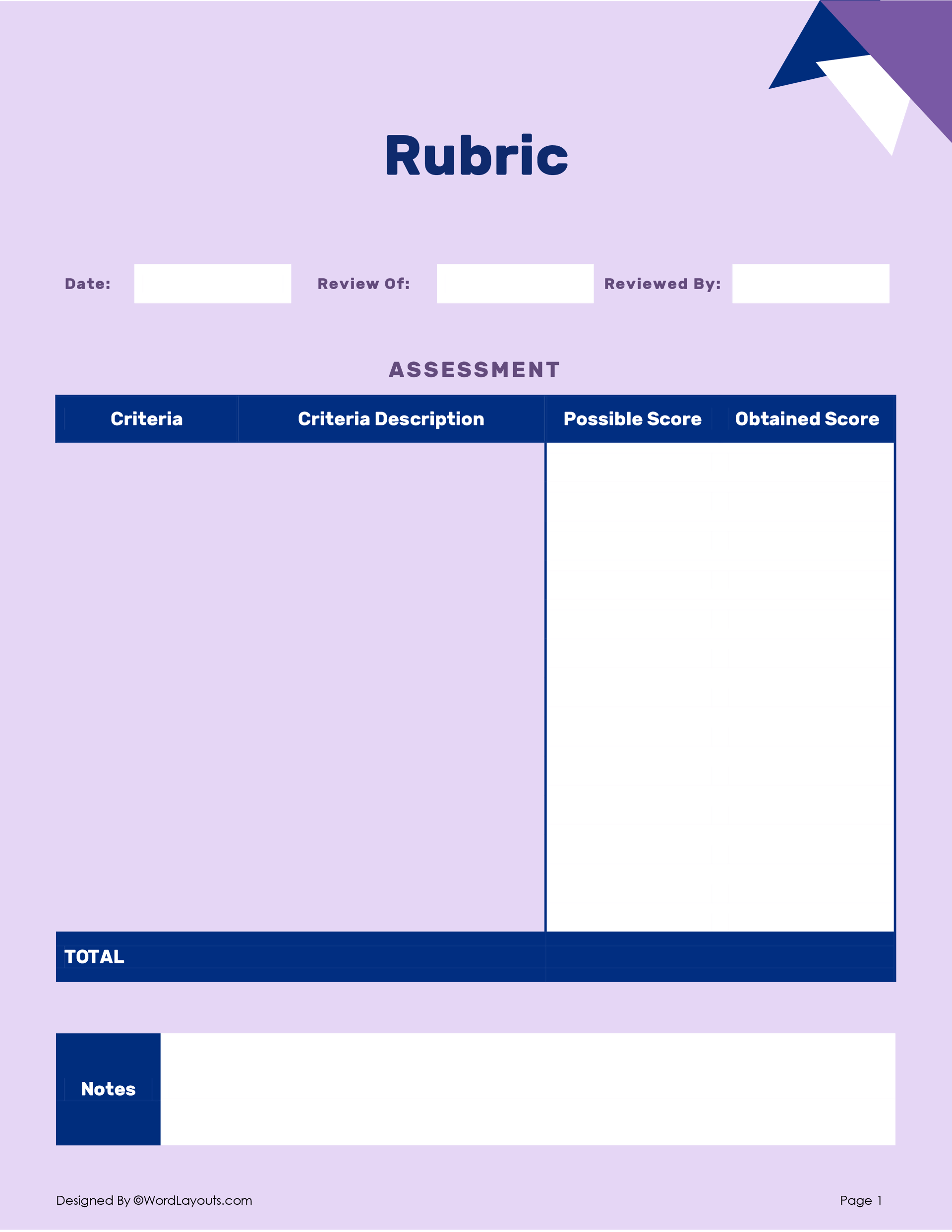 Work Performance Review Rubric Template - WordLayouts