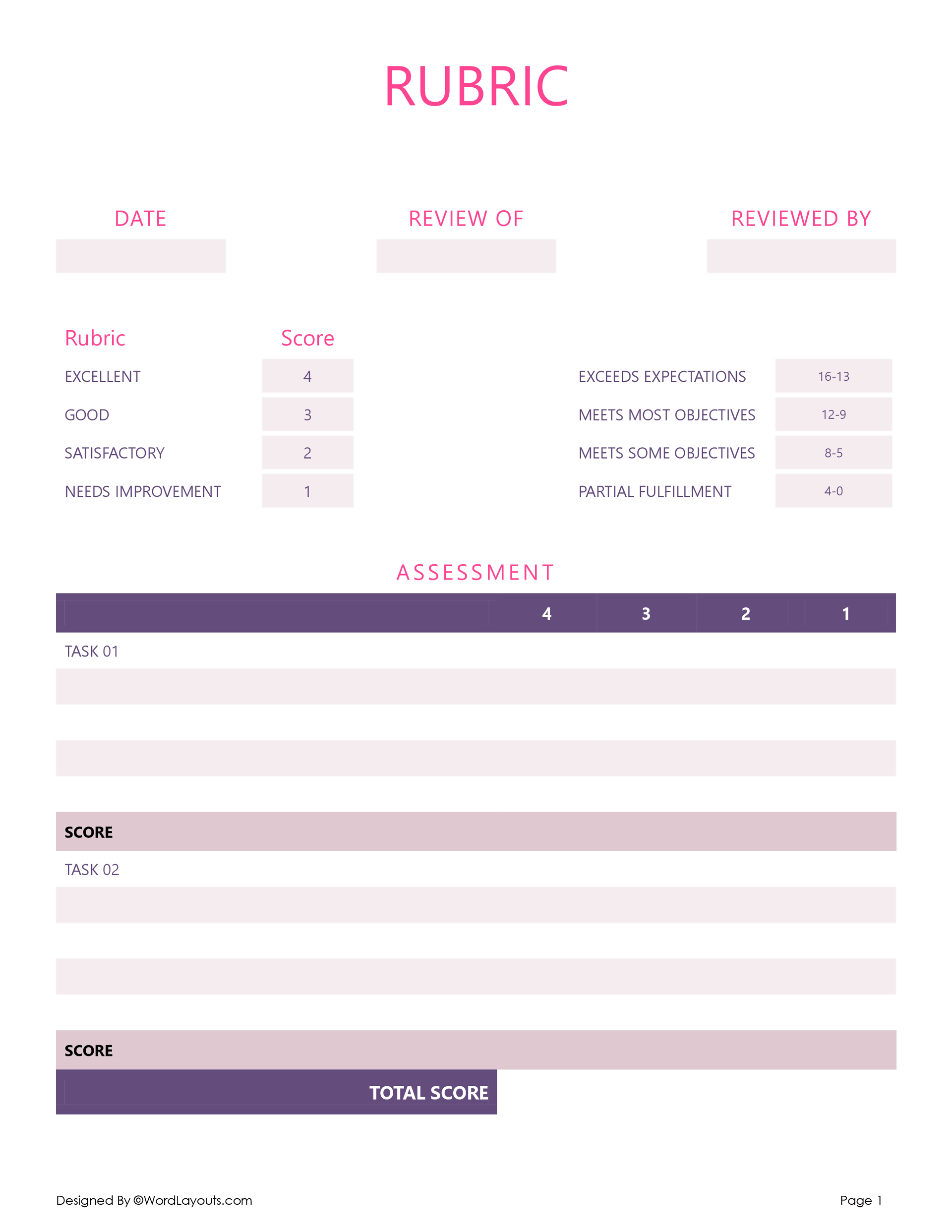 Rubric Template with Four-Level Scoring - WordLayouts