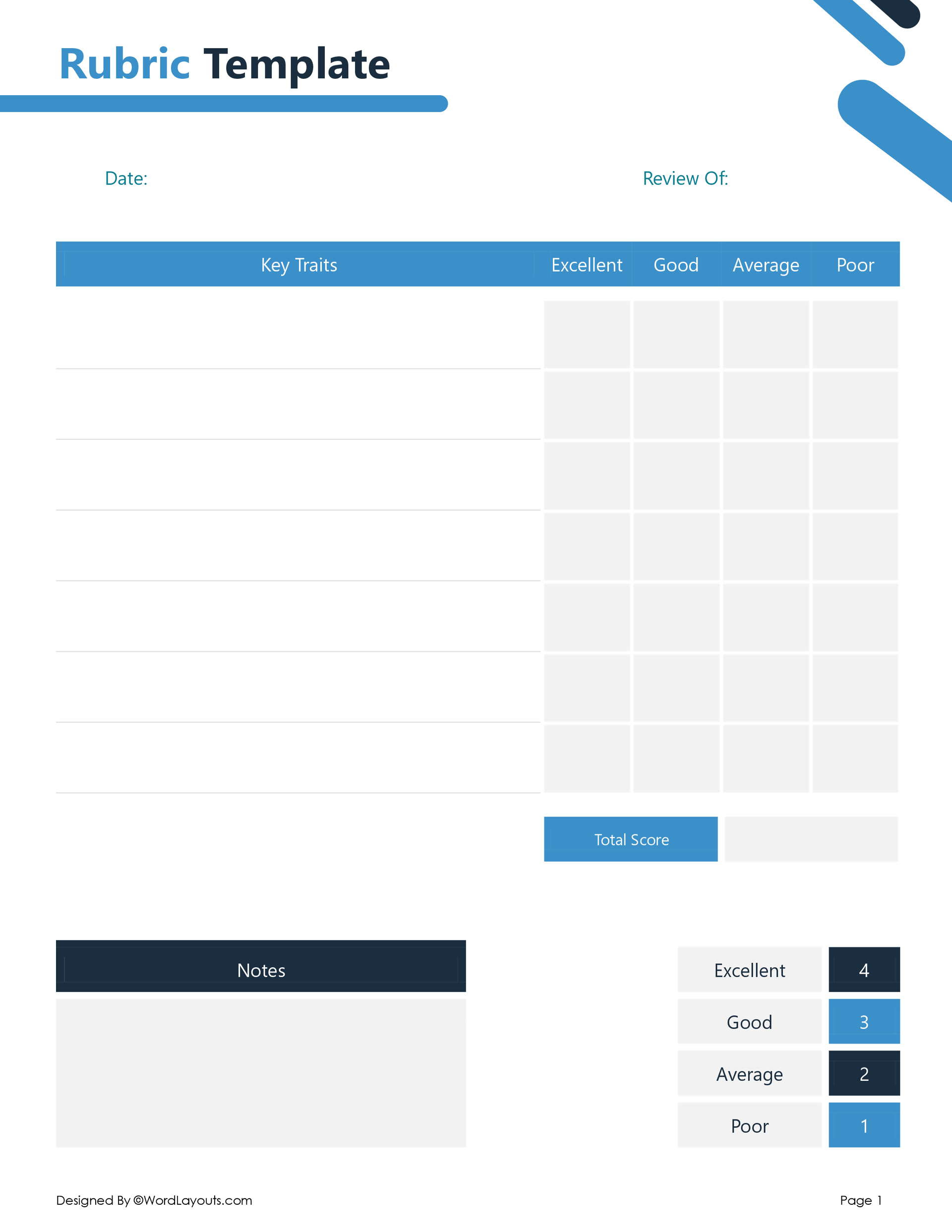 Simplified Grading Rubric Template - WordLayouts