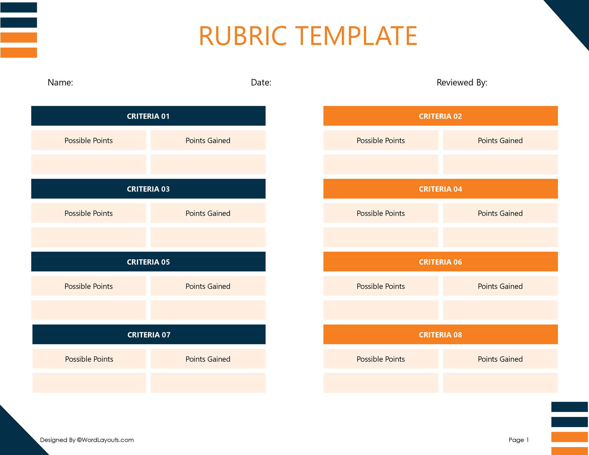 Color-Coded Assessment Rubric Template - WordLayouts