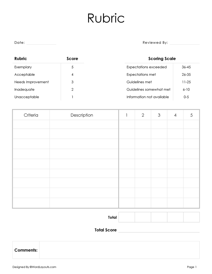 Simplified Grading Rubric Template - WordLayouts