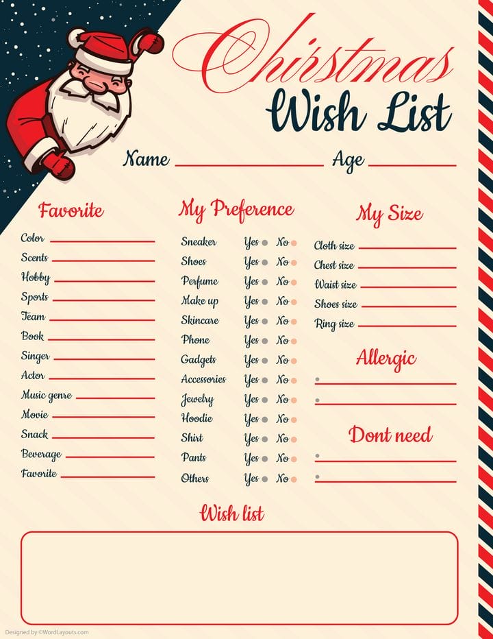Traditional Christmas Wish List Template - WordLayouts