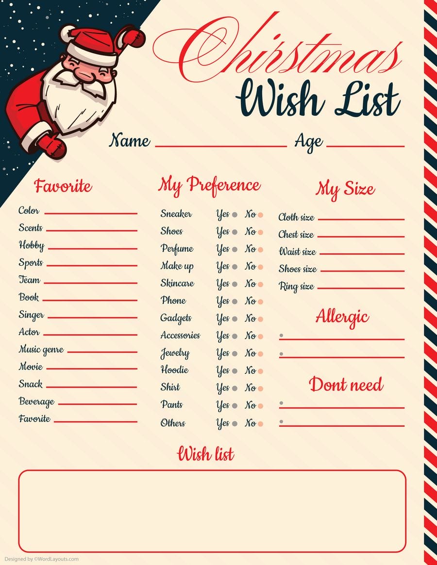 Colorful Christmas Wishlist Template - WordLayouts