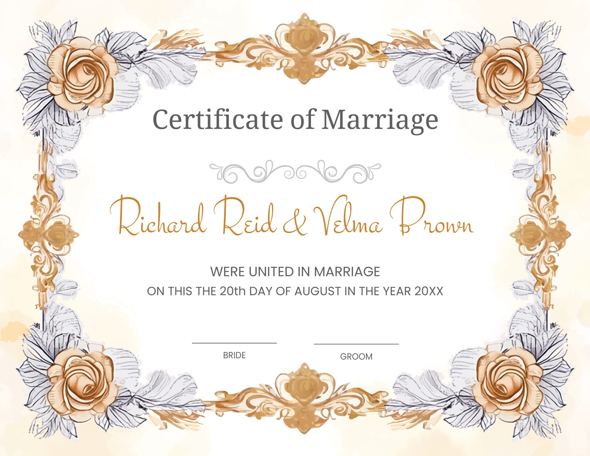 Classic Rose Marriage Certificate Template (Landscape) - WordLayouts