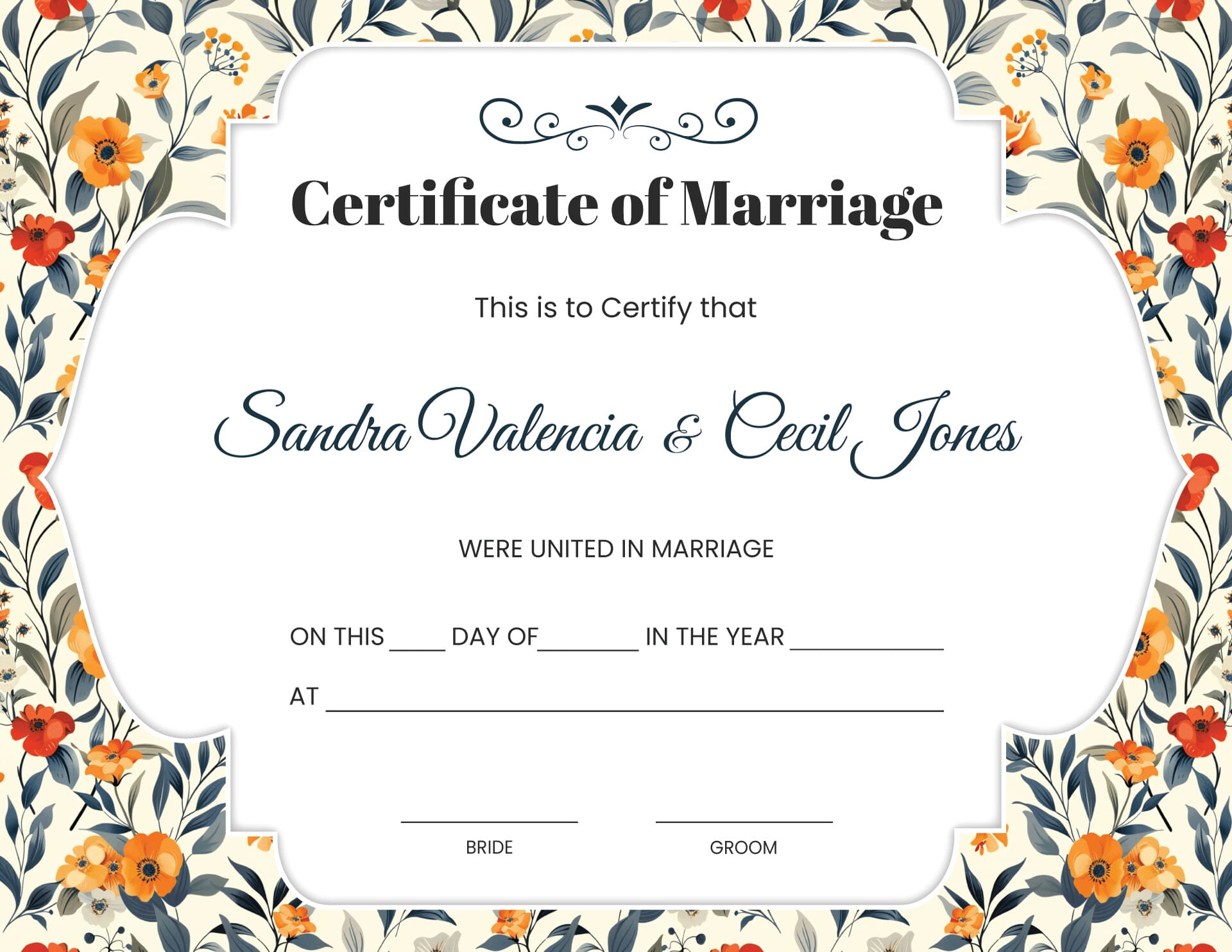 Elegant Scroll Wedding Certificate Template (Landscape) - WordLayouts
