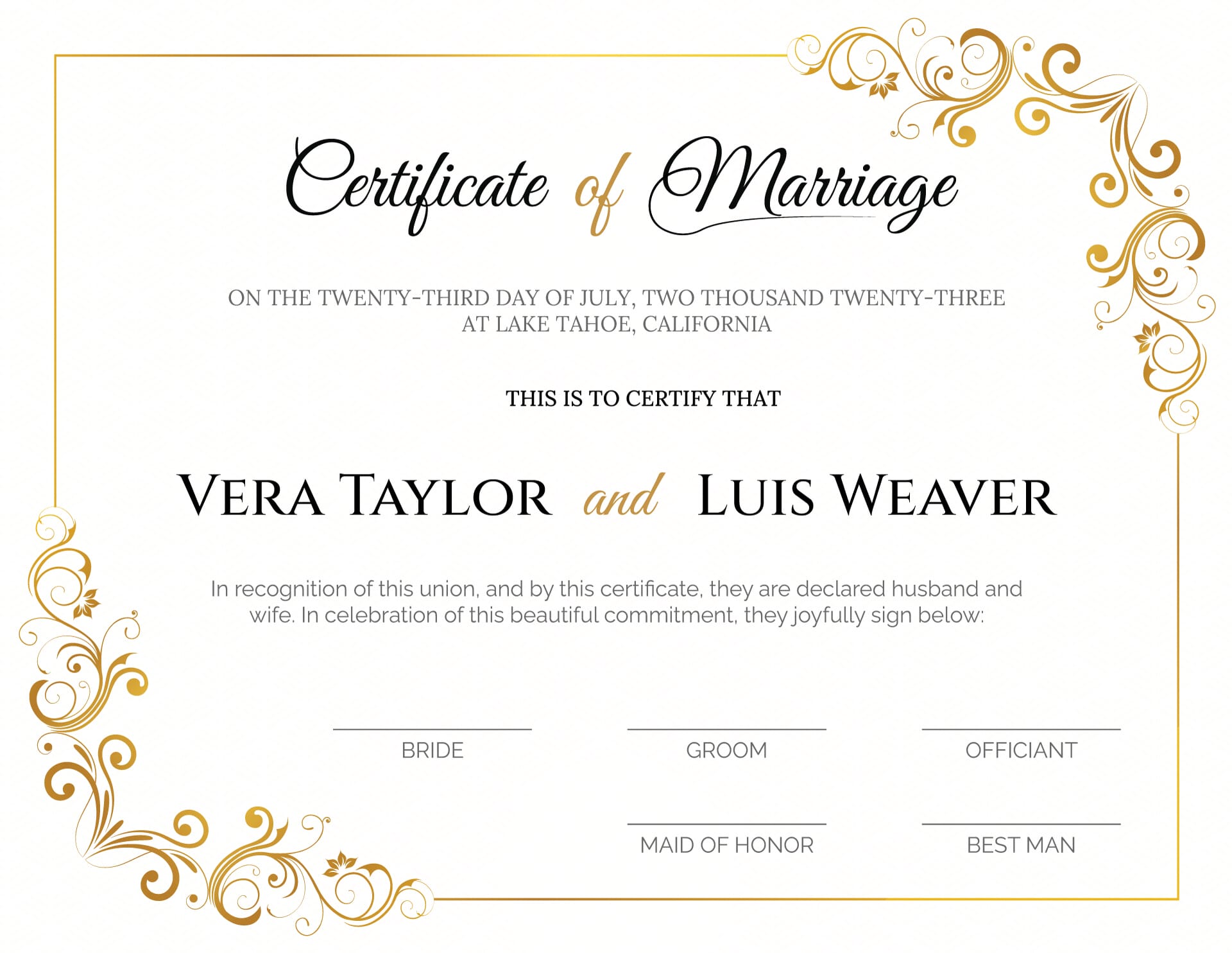 Ornate Gold Scroll Marriage Certificate Template (Landscape) - WordLayouts