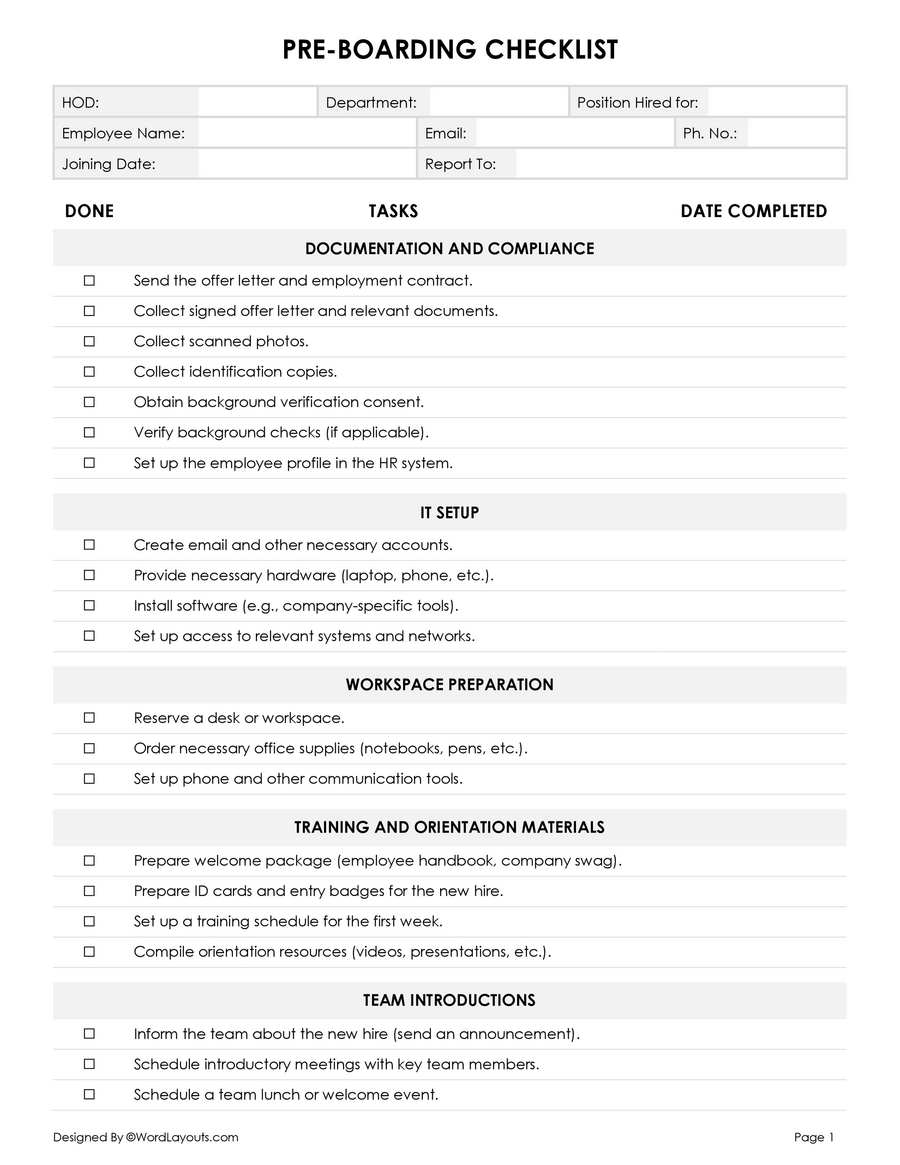 Preboarding Checklist for New Hires - WordLayouts
