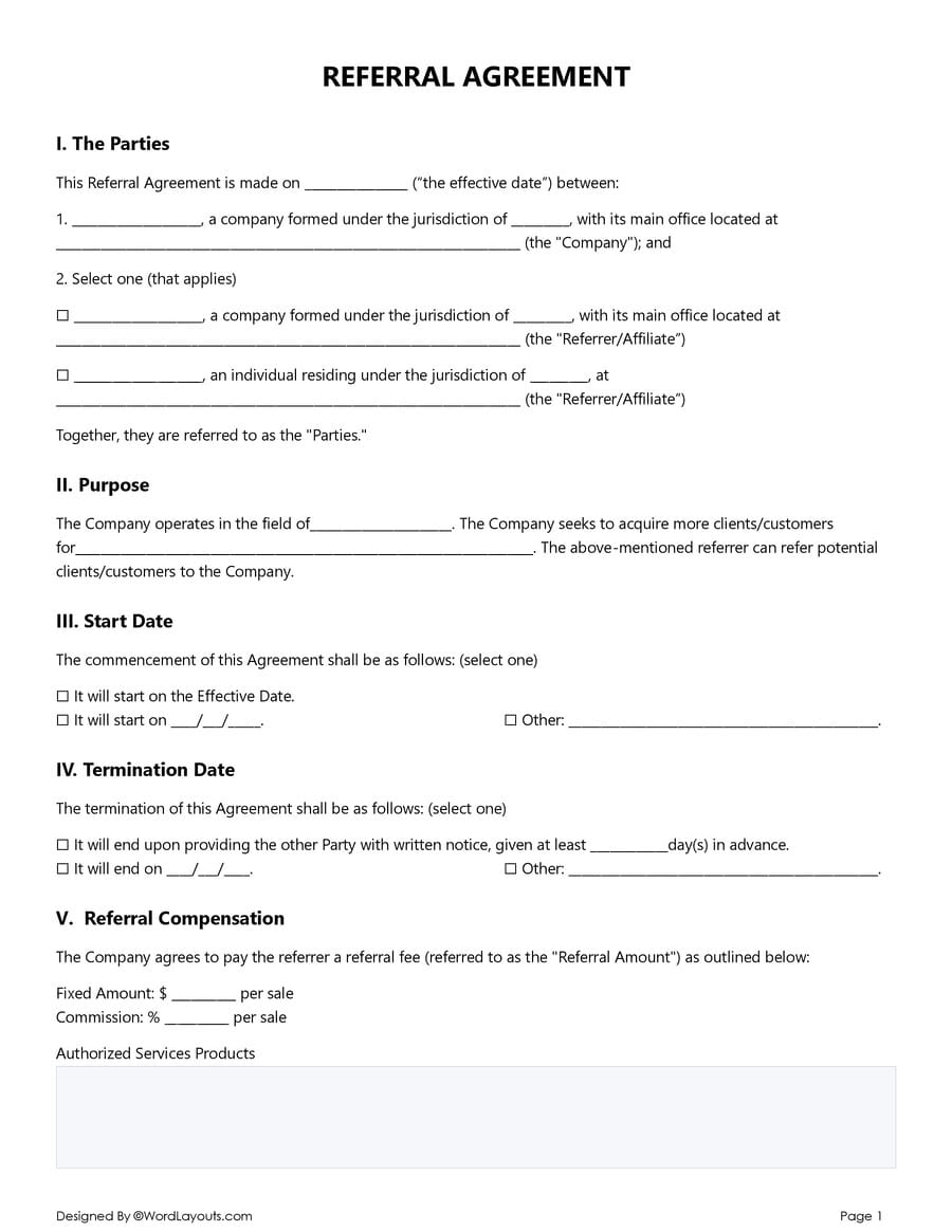 Free Referral Agreement Template - WordLayouts