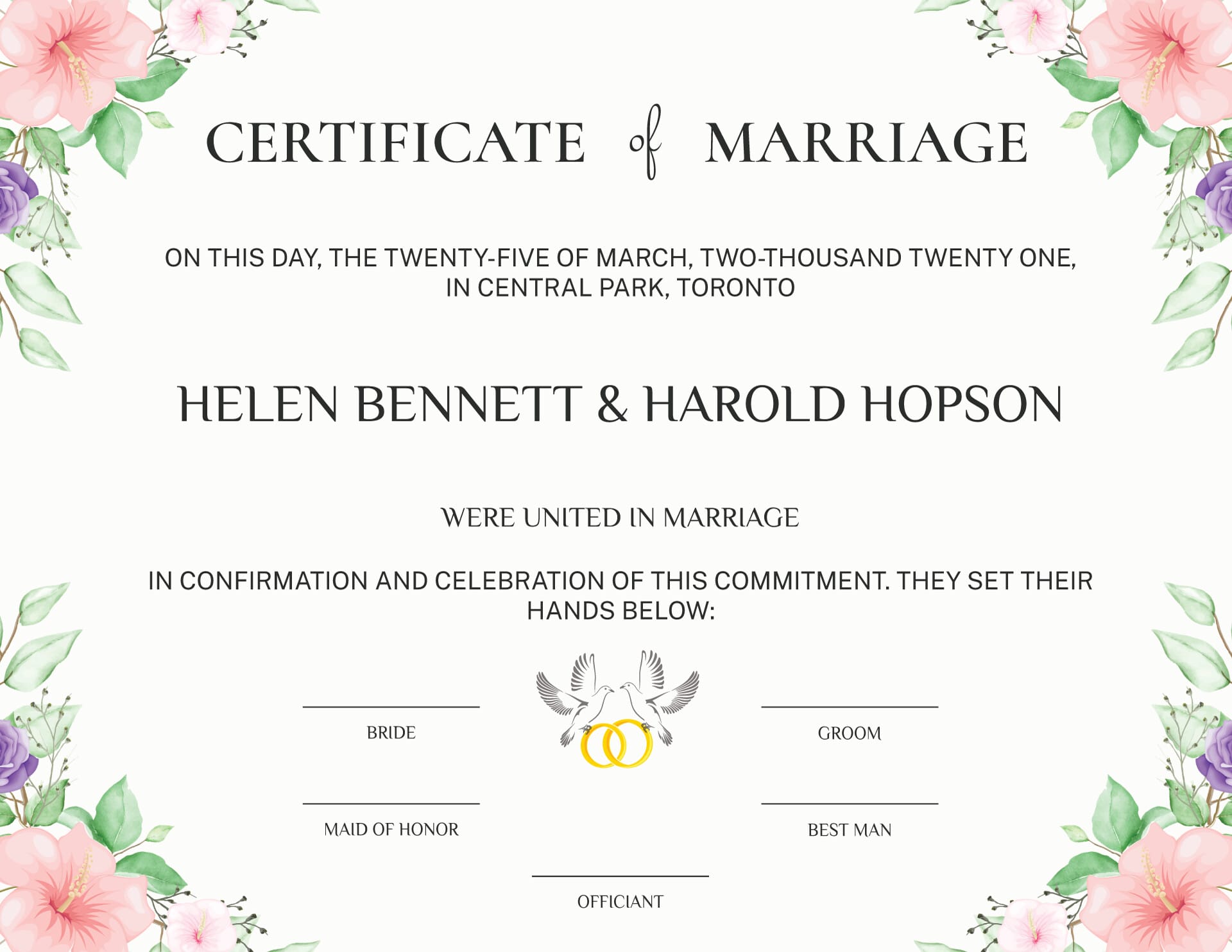 Classic Romance Marriage Certificate Template (Landscape) - WordLayouts