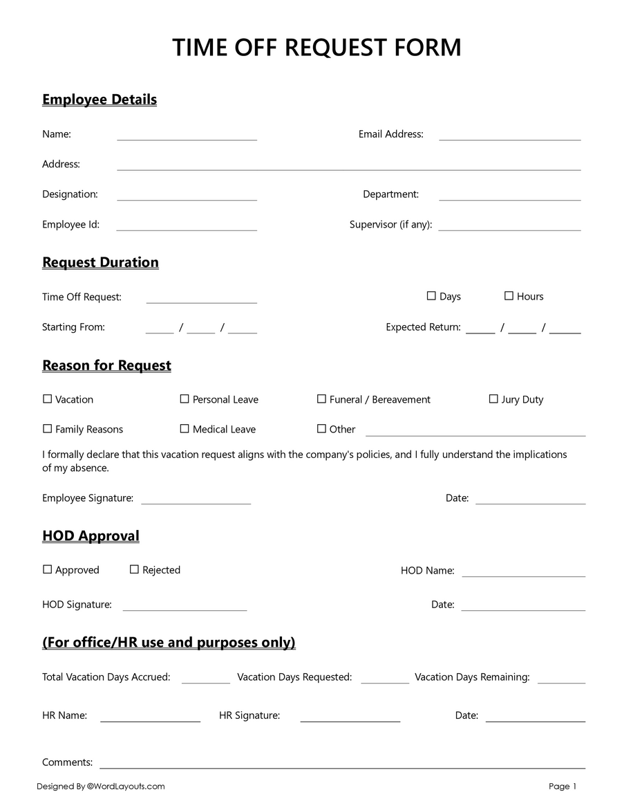 Employee Time Off Request Form - WordLayouts