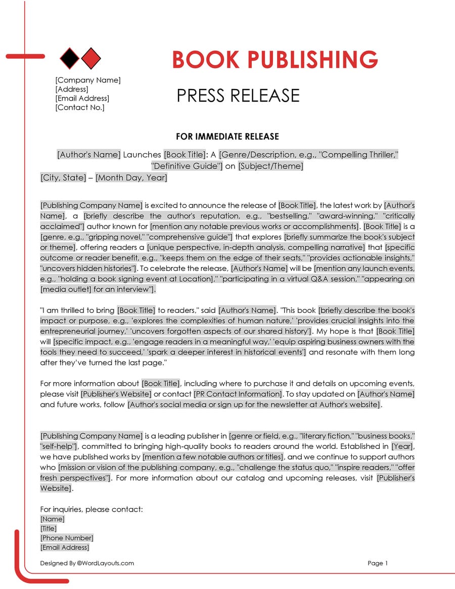 Book Publishing Press Release Template - WordLayouts