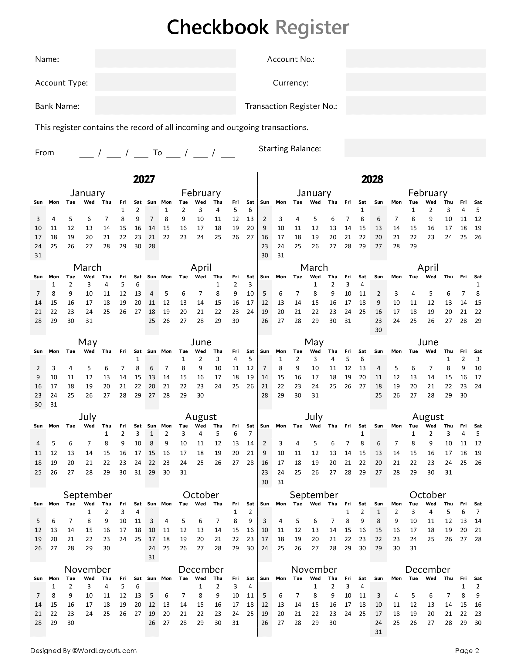 Checkbook Register Template - Printable - WordLayouts