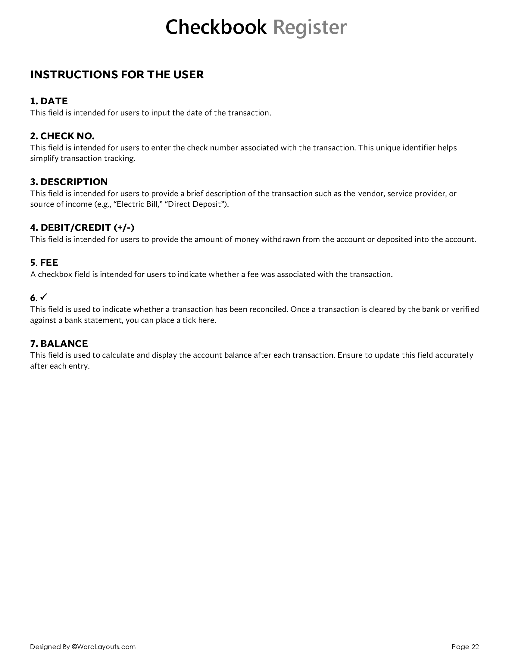 Checkbook Register Template - Printable - WordLayouts