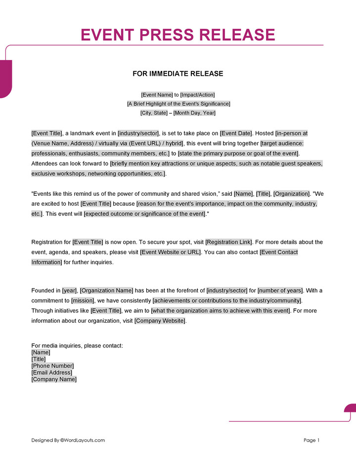 Standard Press Release Template - WordLayouts Standard Press Release Template - WordLayouts