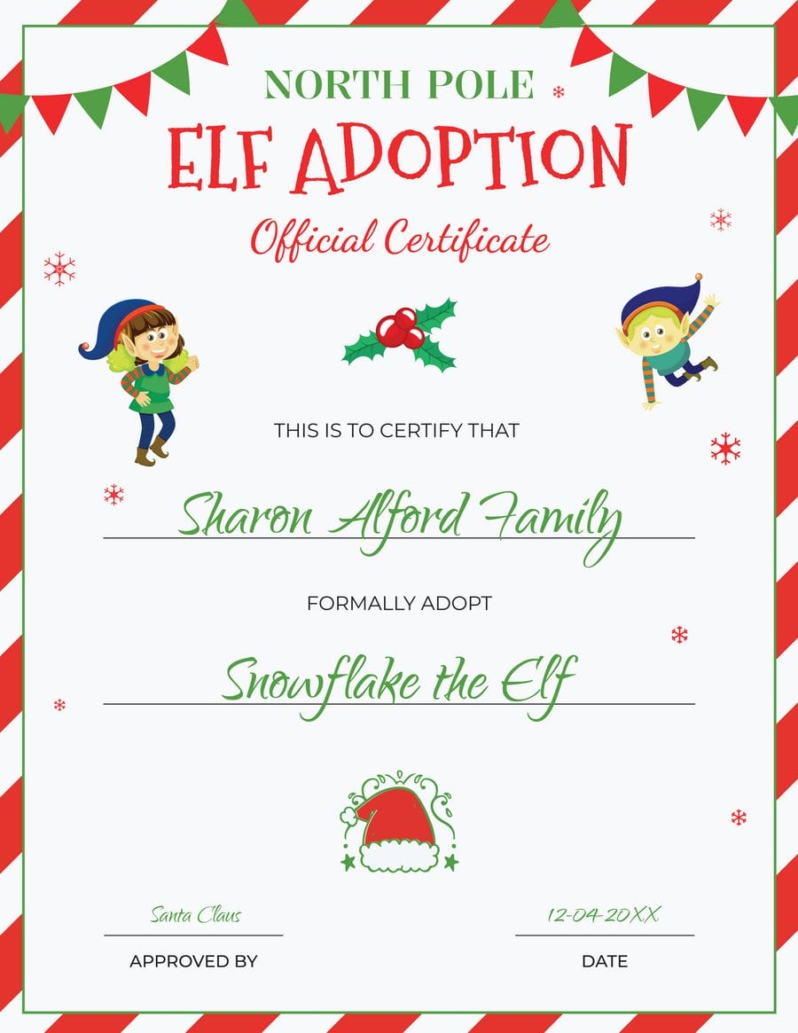 Festive Elf Adoption Official Certificate Template (Portrait) - WordLayouts