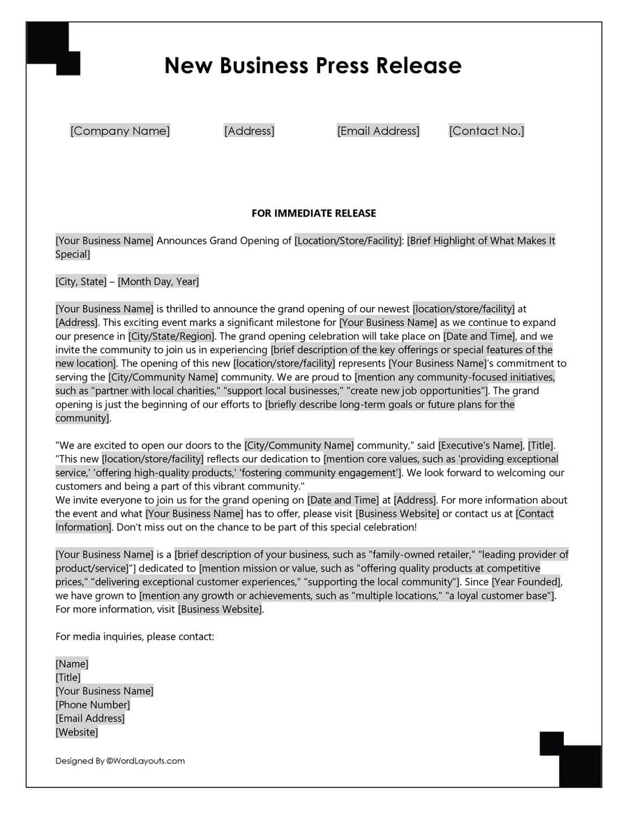New Business Press Release Template - WordLayouts