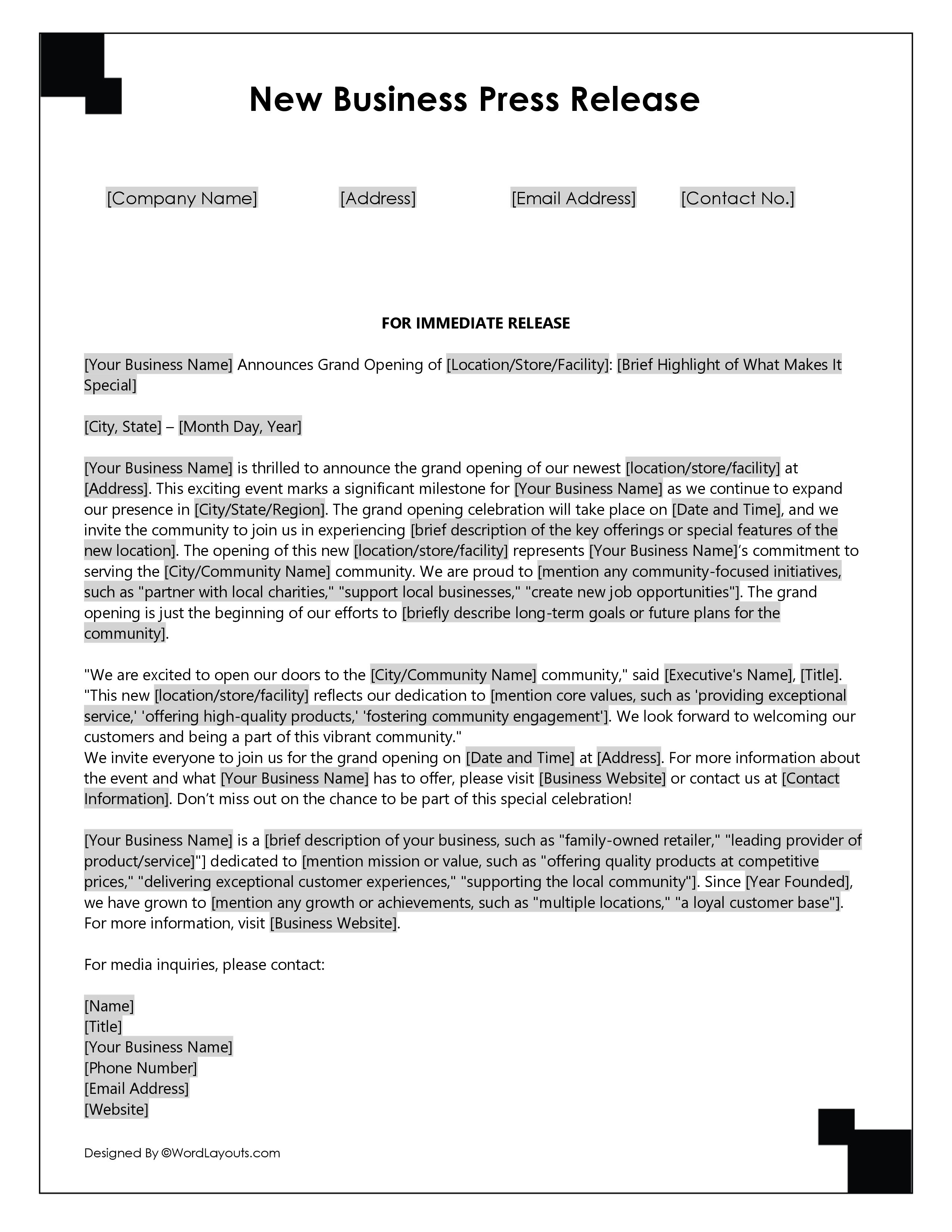 New Business Press Release Template - WordLayouts New Business Press Release Template - WordLayouts